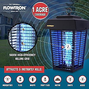 Flowtron Bug Zapper, 1 Acre of Outdoor Coverage with Powerful 40W Bulb & 5600V Instant Killing Grid, Mounting Bracket For Bug Zapper, Mosquito Attractant Cartridge & Replacement UV Bulb For Bug Zapper