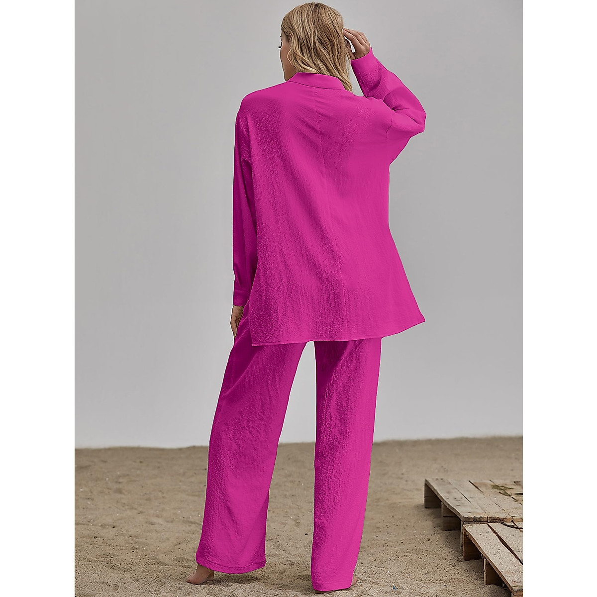 Floerns Women's 2 Piece Outfits Slit Hem Longline Blouse and Wide Leg Pants Set A Hot Pink S