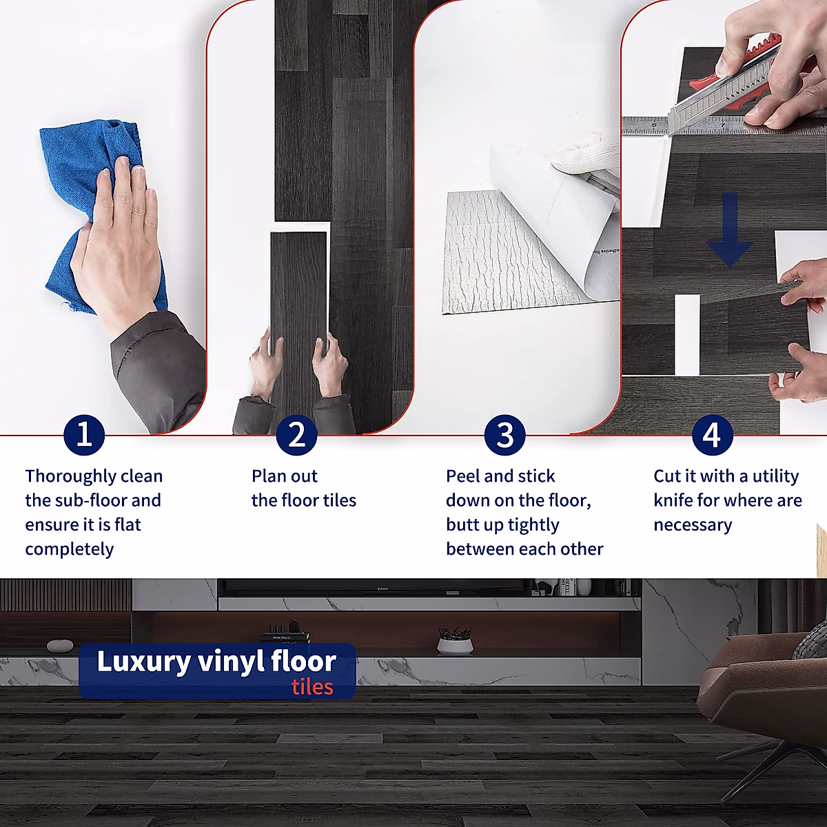 Peel and Stick Floor Tiles Vinyl Flooring Planks, 24 Sheets 36 Sq.Ft Black Adhesive Wood Plank, Thin Design