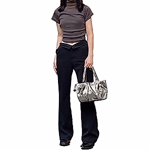 Soft Leather Tote Shoulder Bag For Women,Metal Gray Drawstring Tote Bag,Casual Simple Messenger Bag