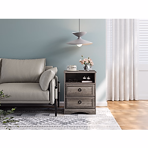 HolliWill Nightstand Set of 2, Night Stand with Drawers, Accent Bed Side Table and End Table with Open Storage for Bedroom, Living Room,Gray