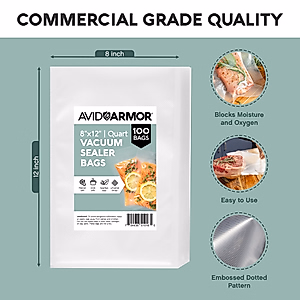 Avid Armor Vacuum Sealer Bags Quart 8x12 Inch 100 Pack for Food Saver, Seal a Meal Vacuum Seal Machines, Commercial Grade Heavy Duty BPA Free for Sous Vide and Meal Prep Precut Storage Bag