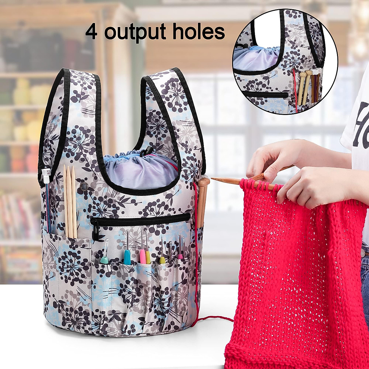 CURMIO Knitting Tote Bag, Yarn Project Wristlet Bag with Drawstring for Knitting Needles, Crochet Hooks and Supplies, Dandelion (Bag Only)