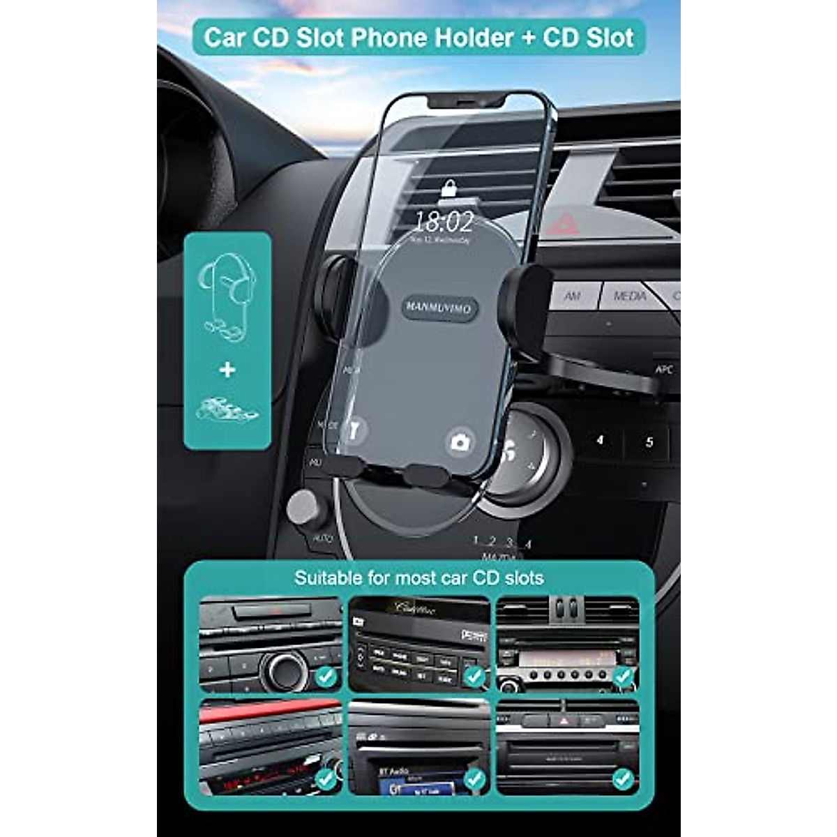 MANMUVIMO CD Phone Mount for Car Phone Holder CD Slot Phone Mount Air Vent Cell Phone Holder iPhone Holder for Car CD Player Mount Holder Compatible with iPhone13 12 11/11 Pro/11 Pro Max