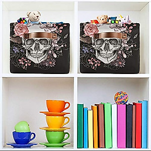 WELLDAY 2PCS Storage Basket Black Rose Skull Large Foldable Storage Bin Cube Collapsible Organizer