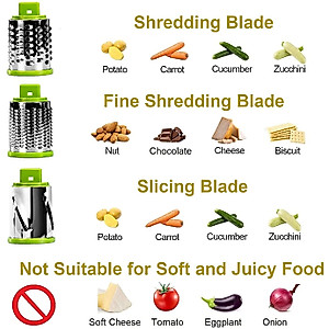 Rotary Cheese Grater - Round Vegetable Mandoline Slicer with 3 Cylinder Stainless Steel Blades, 100% Dishwasher Safe, Super Strong Grip