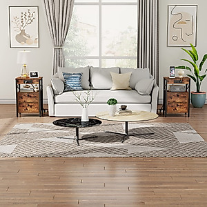 HOOBRO Nightstands Set of 2, End Tables with 2 Drawers, Side Tables with Charging Station, Multi-Level Storage Space, for Bedroom, Adjustable Feet, Rustic Brown and Black BF138UBZP201