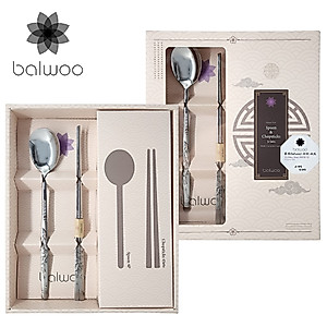 Balwoo [5 Sets][Made in Korea] Sticky Korean Style Rice Spoon Chopsticks Set 430 Stainless Steel Soup Spoon Ramen Noodle Chopsticks Flatware (Crane)