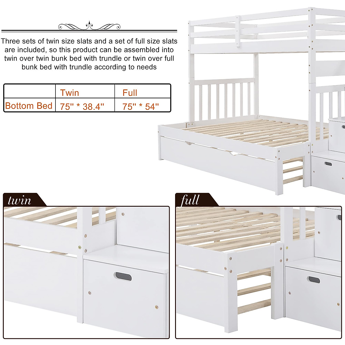 Harper & Bright Designs Stairway Twin Over Twin/Full Bunk Bed with Twin Size Trundle and Drawers, Solid Wood Bunk Bed Staircase Can be Placed on The Left or Right Side (White)