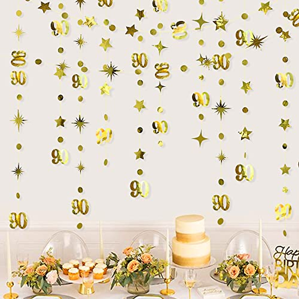 Gold 90th Birthday Decorations Number 90 Circle Dot Twinkle Star Garland Metallic Hanging Streamer Bunting Banner Backdrop for Women Mens 90 Year Old Birthday Nighty Anniversary Party Supplies