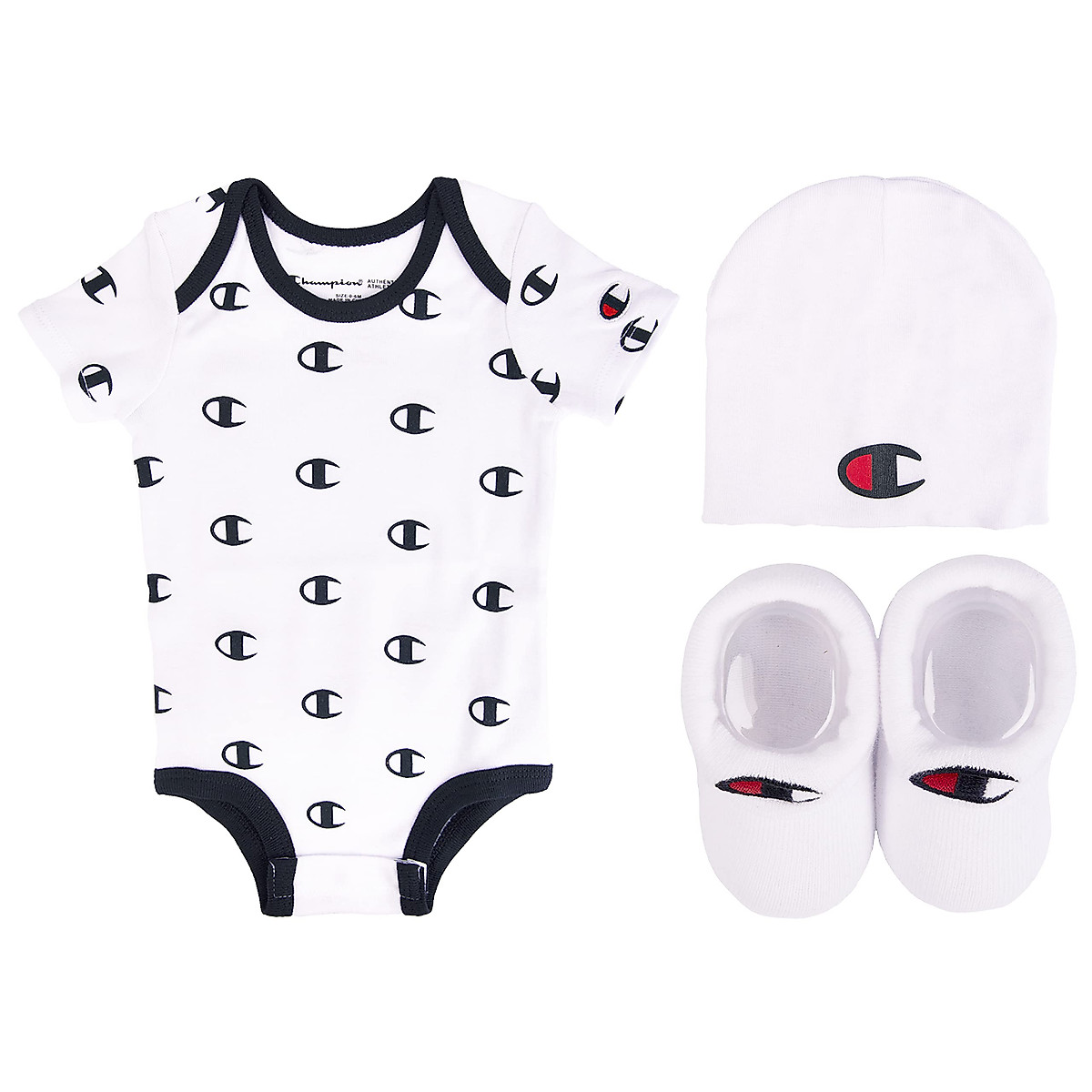 Champion Unisex Baby 3-PC Box Set Includes an Infant Body Suit, a Bib Or Hat & Pair of Booties in Colors and Size 0-6M, All Over C-White 100, 0-6