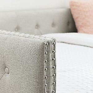 Linuque Upholstered Twin Size Daybed with Two Storage Drawers, Wood Linen Fabric Sofa Bed Frame with Button Tufted Armrest and Nailhead Trimming on Square Arms, Beige