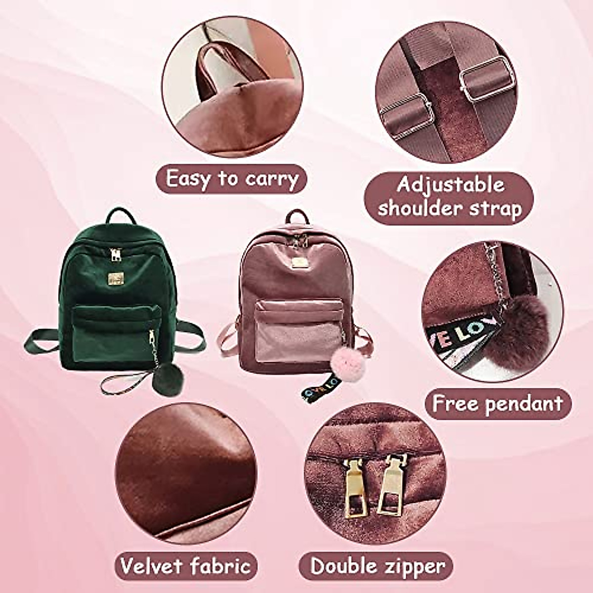 Women's Velvet Casual Backpack Cute Mini Daypack Fashion Bookbag for Teen Girls Lightweight Daypack Gift Ideas (Green,23*9*31cm)