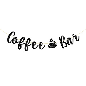 Talorine Coffee Bar Banner, Bridal Shower, Engagement, Wedding, Bar Party Decorations (Black Glitter)