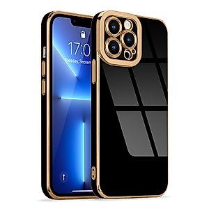 Lafunda Designed for iPhone 13 Pro Max Case, Luxury Plating Cases for Women Girls Cute Golden Edge Shockproof TPU Bumper Cover with Silicone Camera Protection Phone Case for iPhone 13 Pro Max, Black