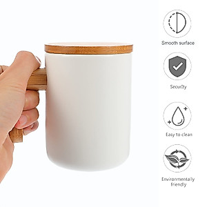 Veemoon Flat Bottom Coffee Mug with Wood Lid, 380 ML Ceramic Cup for Coffee Warmer, Keeps Warm for Tea, Cocoa, Milk and Hot Beverage