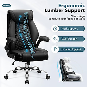 Office Chair, Ergonomic High Back Home Office Desk Chair, Big and Tall Breathable Leather Office Chair with Lumbar Support Flip-Up Armrests, Computer Chair with Rocking Function