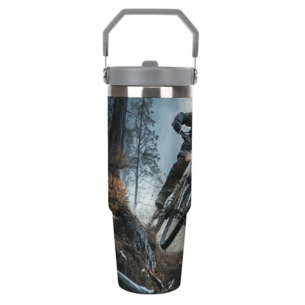 Mountain Bike Tournament 30oz Stainless Steel Insulated Tumbler with Straw & Foldable Handle - Leakproof, Double-Wall Vacuum Travel Thermos for Hot/Cold Drinks, Non-Slip Base, Fit Cup Holders