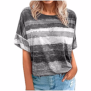 wodceeke Women's Striped Stitching T-Shirt Short-Sleeved Round Neck Tie-Dye Tee Casual Loose Top (Gray, XL)