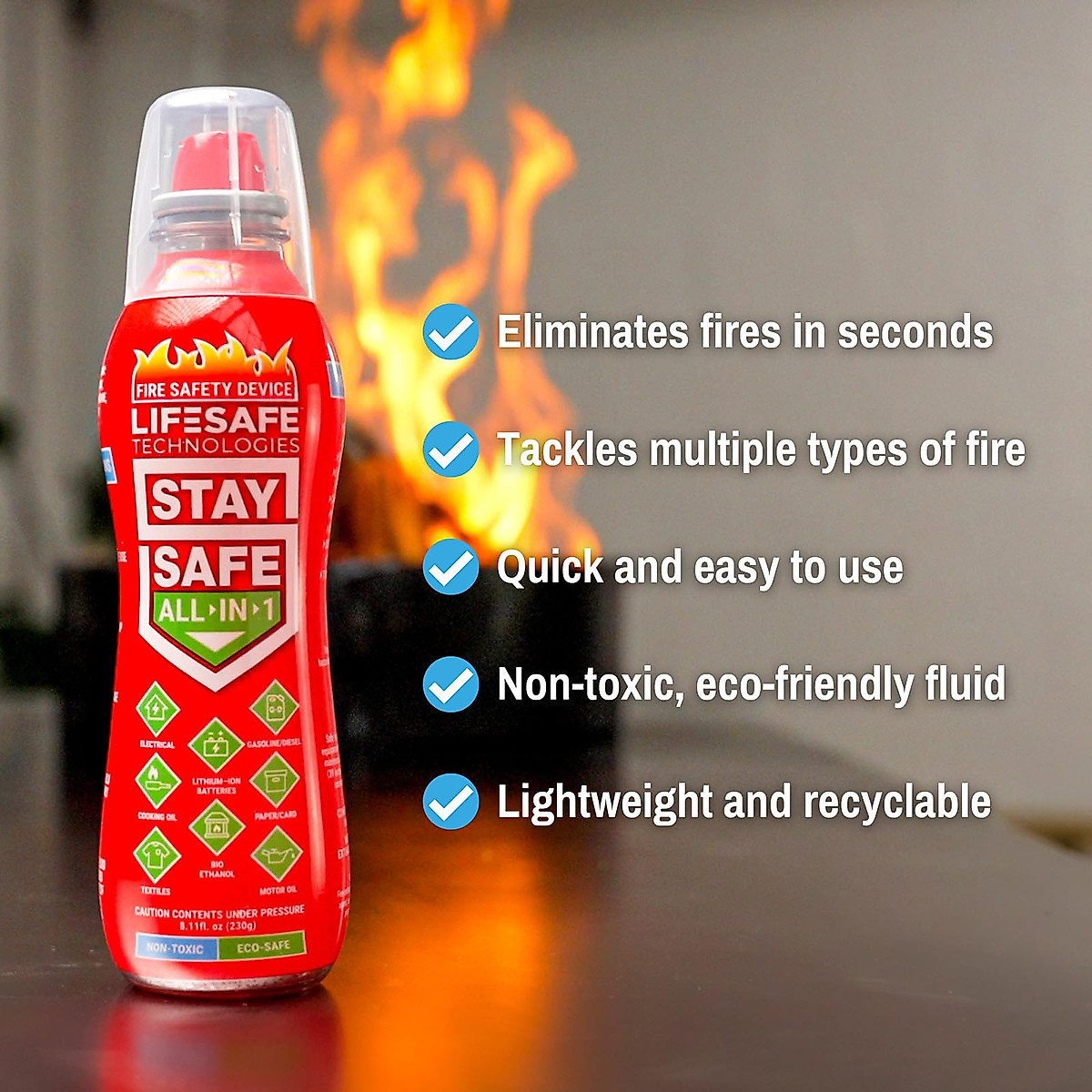 LifeSafe Technologies StaySafe All-in-1 Portable Fire Extinguisher - Compact & Easy to Use, for Home, Kitchen, Car, Garage, Boat, Non-Toxic & Eco-Friendly, Tackles 10 Types of Fire, Pack of 3