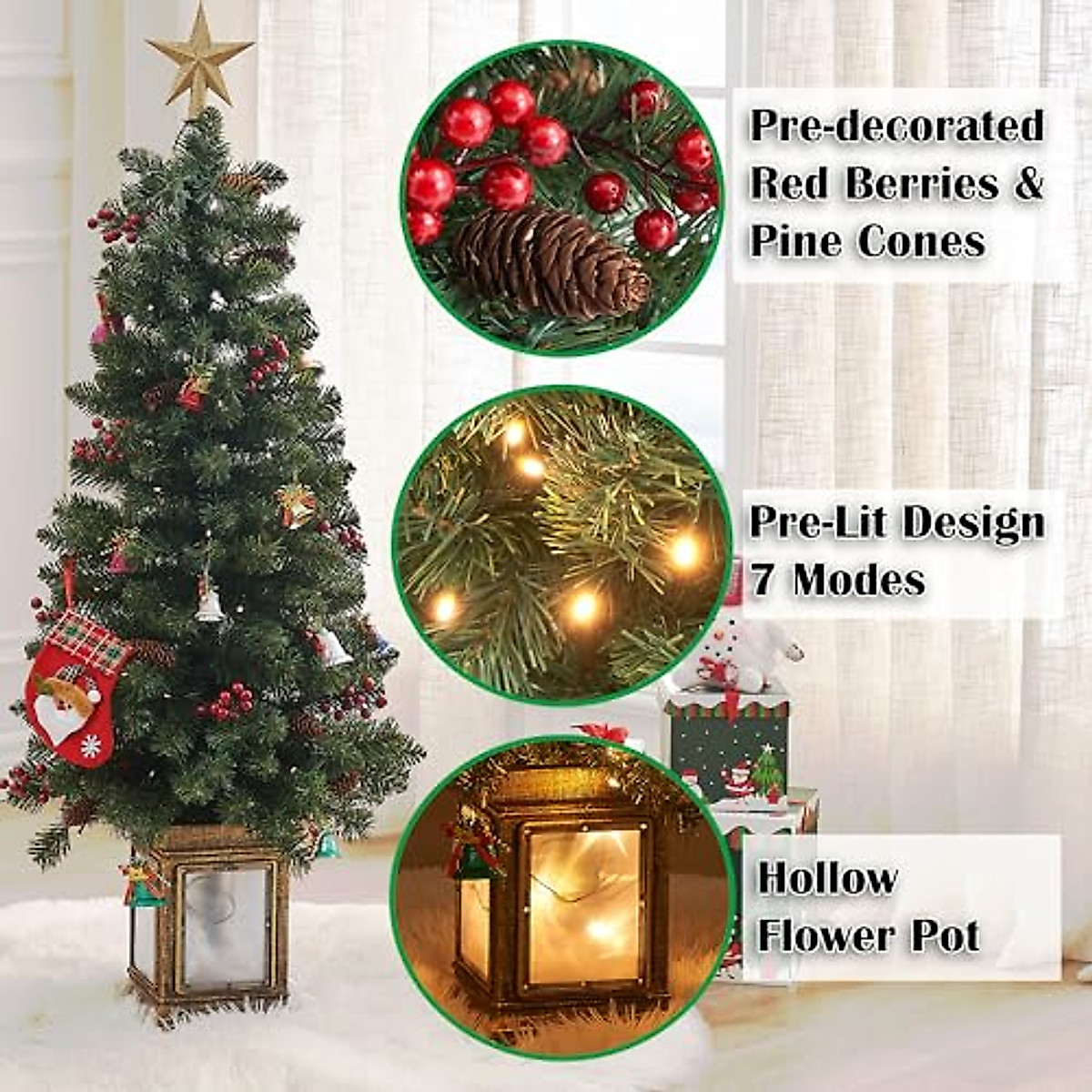 Premium 4ft Pre Lit Artificial Pencil Christmas Tree with Brown Hollow Base, Mini Pre-lit Xmas Pine Tree with 7 Modes LED Lights for Christmas Decoration, Home, Office, Party Decoration (1)