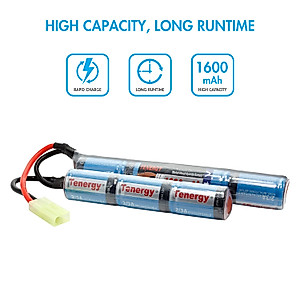 Tenergy 8.4V Airsoft Battery 1600mAh NiMH Nunchuck Battery w/ Mini Tamiya Connector for Airsoft Gun M4 Rifle + 8.4V-9.6V NiMH Battery Charger w/ Mini Tamiya Connector and Standard Tamiya Adaptor