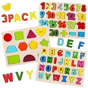 Wooden Puzzles for Toddlers - Wood Alphabet Number Shape Learning Puzzle for Kids Ages 2 3 4 5 - Boys Girls Preschool Educational Toys Gift