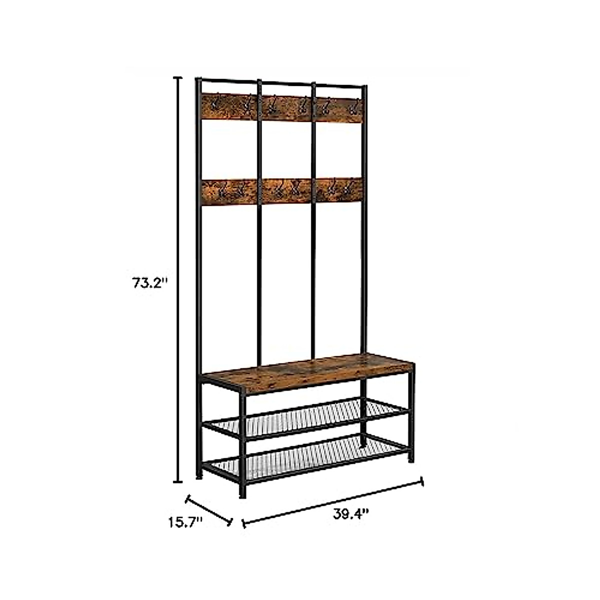 VASAGLE Large Coat Rack Stand, Coat Tree with 12 Hooks and Shoe Bench in Industrial Design, Hall Tree, Multifunctional Hallway Shelf, Office, Bedroom, Rustic Brown and Black UHSR86BX