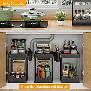 GORLDE Under Sink Organizers and Storage,2 Tier undersink organizers with Pull Out Sliding Drawers,Multi-purpose Bathroom Kitchen Under Cabinet Organizer with Hooks Hanging Cup,Black