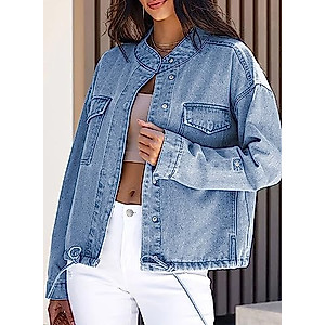 Dokotoo Jean Jackets for Women Cropped Jackets Fashion Spring Fall 2023 Casual Long Sleeve Utility Cargo Denim Jacket Button Down Trucker Shacket Jackets Coat with Pockets Sky Blue Medium