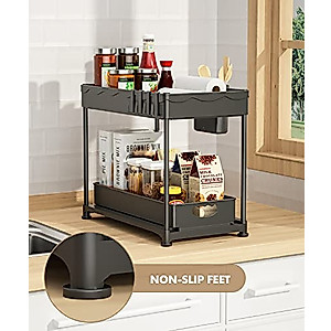 MERRYBOX 2 Pack Under Sink Organizers and Storage, Sliding Under Bathroom Cabinet Organizer, 2 Tier Kitchen Under Sink Organizer Pull Out Drawer with 8 Hooks, 2 Hanging Cups, 8 Non-Slip Feet, Black