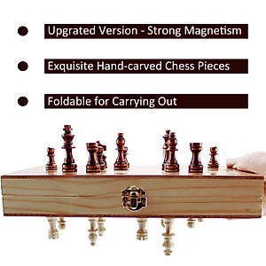 ASNEY Upgraded Magnetic Chess Set, 12” x 12” Folding Wooden Chess Set with Magnetic Crafted Chess Pieces, Chess Game Board Set with Storage Slots, Includes Extra Kings, Queens and Carry Bag