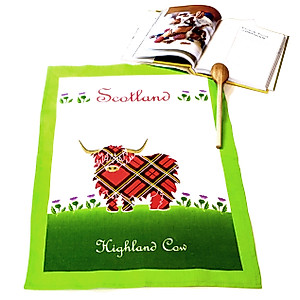 Royal Tara Scottish Cotton Tea Towel with Highland Red Tartan Cow - Scotland Thistle Kitchen Dish Cloth H67cm W45cm