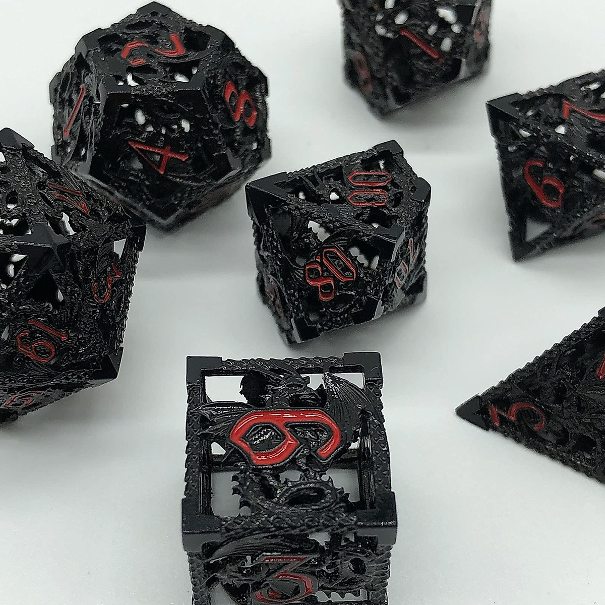 DND Metal Hollow Dragon Dice Set - D&D Black Red Polyhedral Dice (Free Metal Box) Suitable for Pathfinder RPG Board Game Dice (Black Red)