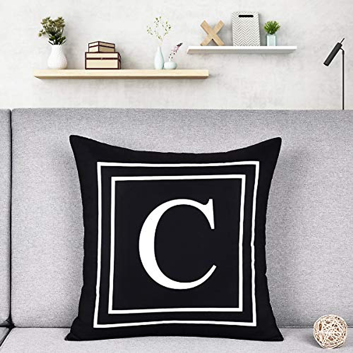 Yastouay Pillow Covers English Alphabet C Throw Pillow Cover Black Throw Pillow Case Modern Cushion Cover for Sofa Bedroom Chair Couch Car (Black, 18 x 18 Inch)