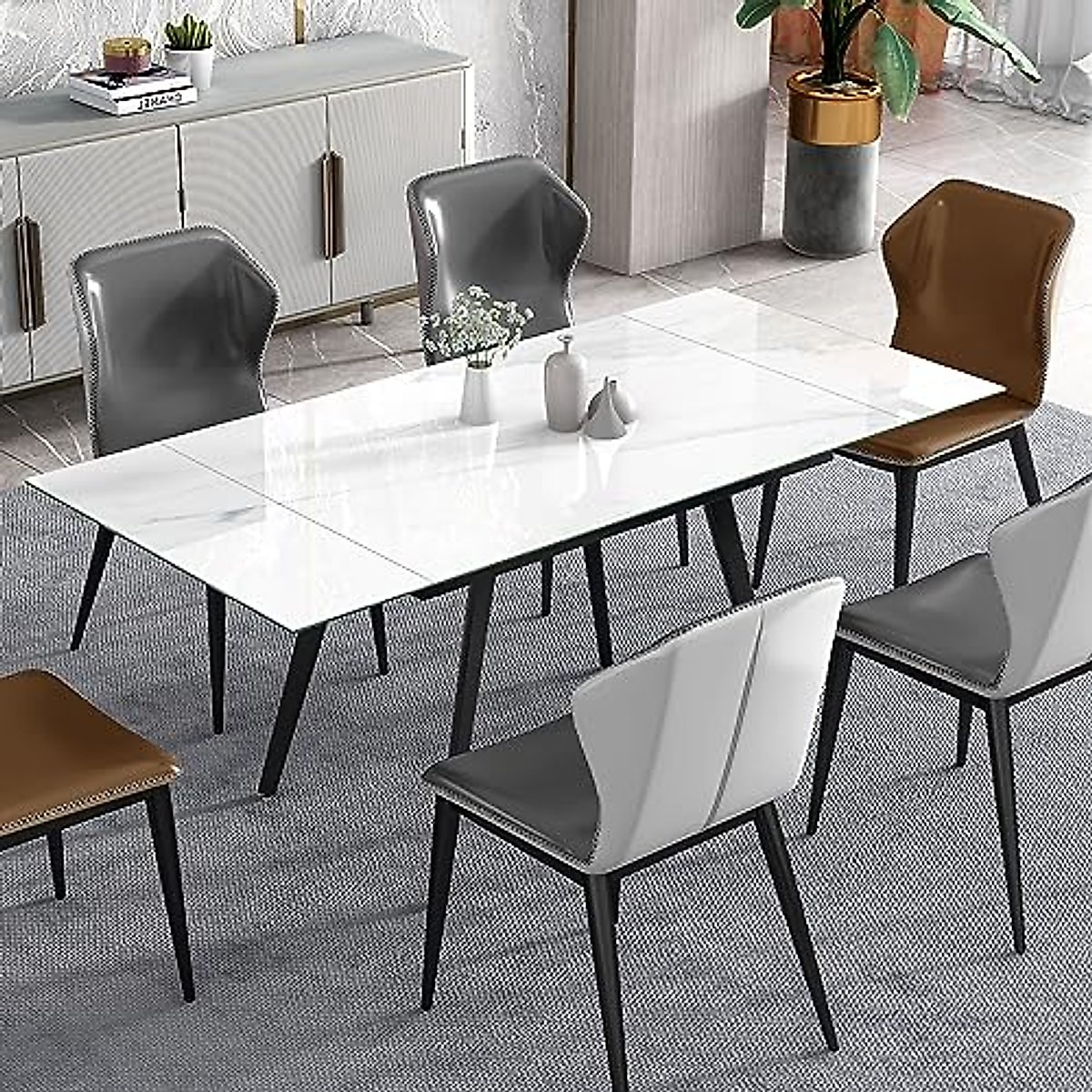 SIMTONAL Extendable Dining Tables, 71" Rectangular Kitchen Table with Sintered Stone Tabletop（Only Table）, White