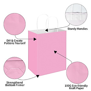 Toovip 100 Pack 8x4.75x10 Inch Medium Light Pink Kraft Paper Bags with Handles Bulk, Gift Wrap Bags for Favors Grocery Retail Party Birthday Shopping Business Goody Craft Merchandise Take Out Bags