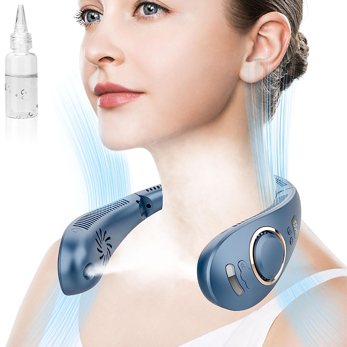 Neck Fan with Mist Spray,Personal Bladeless Folding Neck Fans that Blow Cold Air,Portable Neck Fan Rechargeable Battery Operated Quiet Headphones Device,Wearable Necklace Fan for Women Men Kids Blue