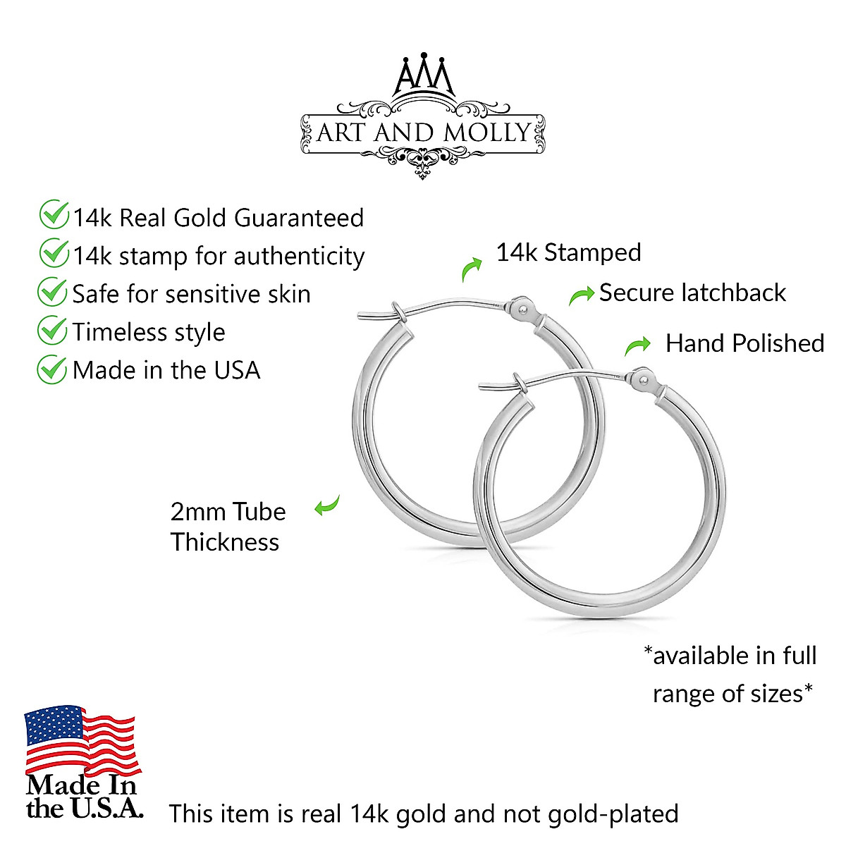 14k White Gold Polished Real Gold Hoop Earrings, Plain Round White Gold Hoop Earrings for Women, 14kt Real Gold 16mm (0.63 inch)