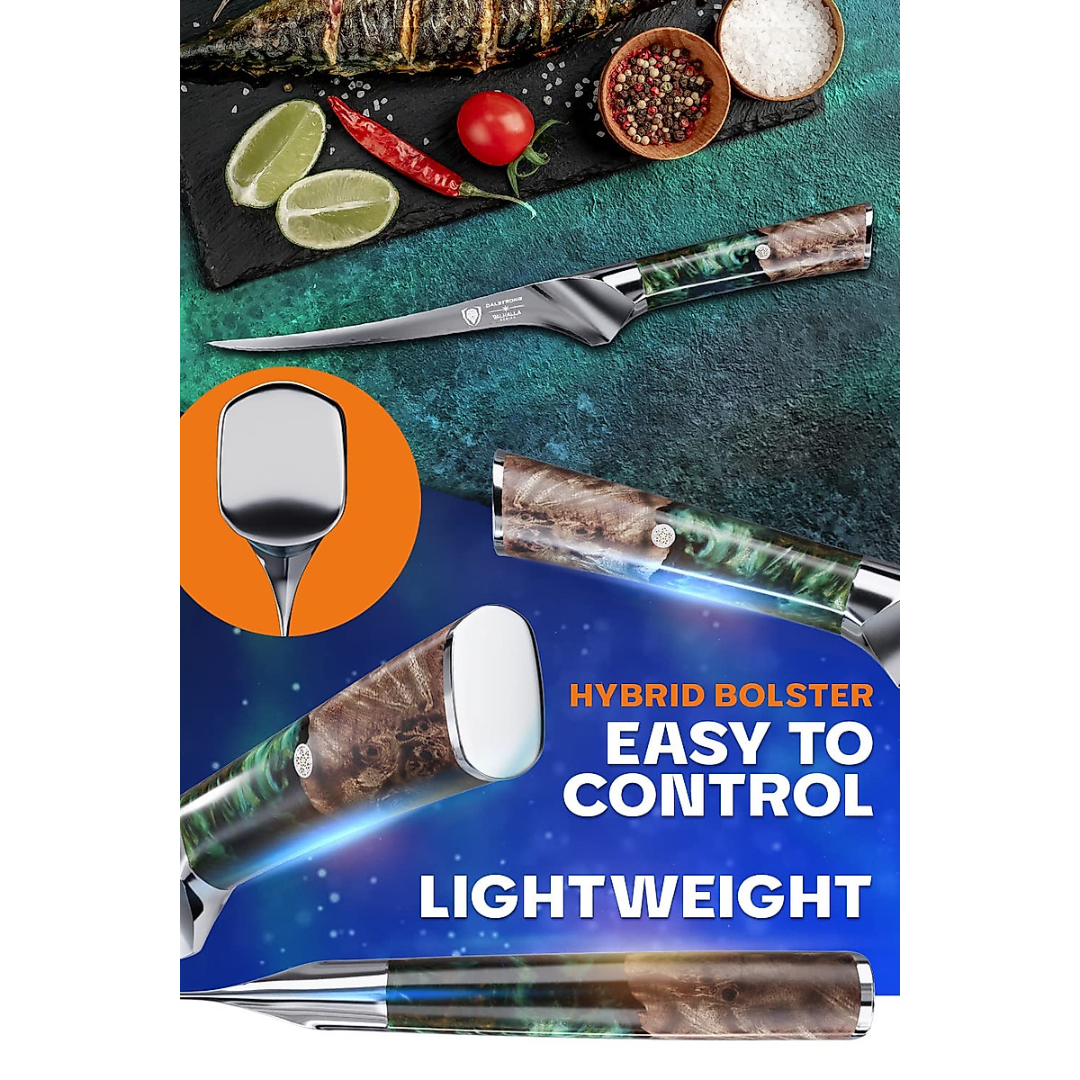 Dalstrong Fillet Knife - 7 inch Flexible Blade - Valhalla Series - Celestial Resin & Wood Handle - Fish Meat Cutting, Carving, Bone, Trimming, Deboning - Leather Sheath Included