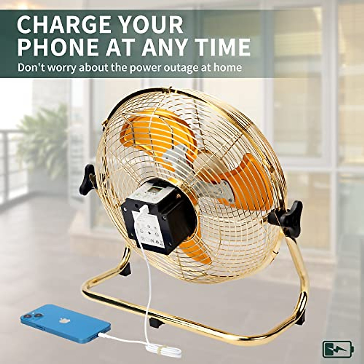 CYBERDAX 14 Inch Portable Golden All Metal Made Table Fan, Wireless Rechargeable Fan with Solar Panel Powered and AC Charger Dual Input for Indoor Housing, Office, Camping, Fishing Outdoors