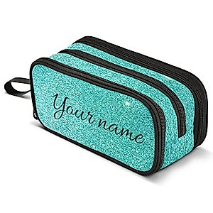 Custom Teal Blue Glitter Sparkle Pencil Case Pencil Bag School Pencil Pouch College Big Capacity Stationery Organizer for Teens Girls Boys Adults Student Office