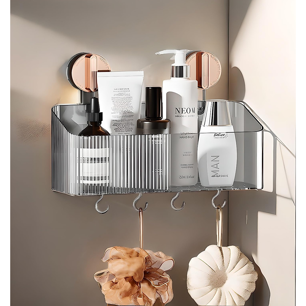 Sudowcorn Shower Caddy, Suction Cup Shower Organizer, Strong Suction Power Bathroom shower shelves with Hooks,Max Hold 22lbs Removable shower shelf