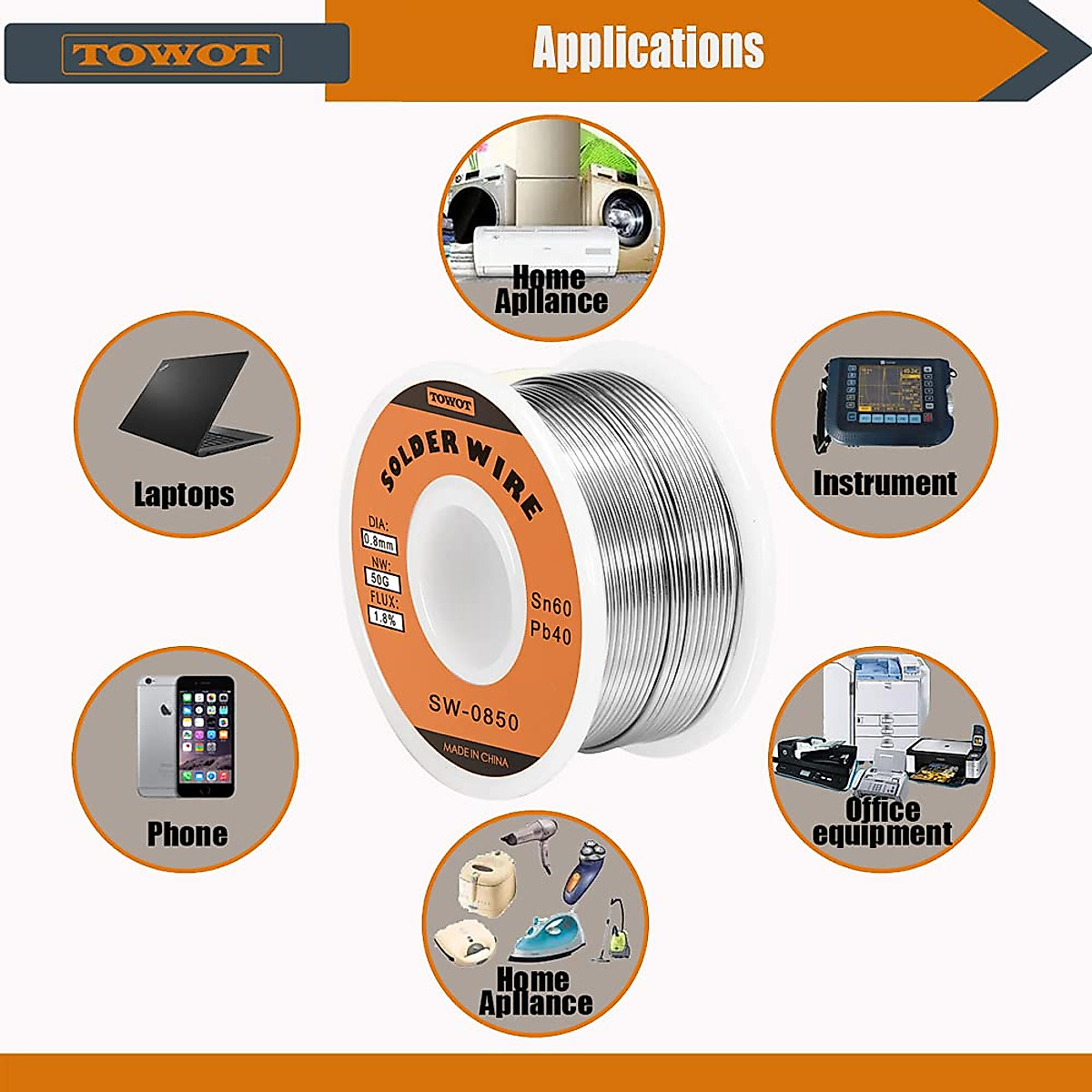 TOWOT Tin Lead Rosin Core Solder Wire for Electrical Soldering, Content 1.8% Solder Flux Sn60-Pb40 (0.8mm, 50g)