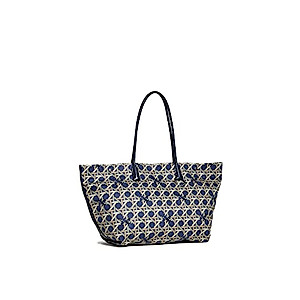 Tory Burch Women's Canvas Basketweave Tote, Tory Navy Basketweave, Blue, Print, One Size