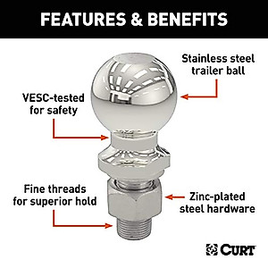 CURT 40055 Stainless Steel Trailer Hitch Ball, 15,000 lbs, 2-5/16-Inch Diameter, 1-1/4 x 2-5/8-Inch Shank