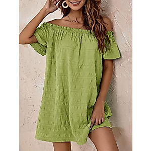 SOLY HUX Women's Sundress Off The Shoulder Short Sleeve A Line Tunic Mini Dress Solid Lime Green S
