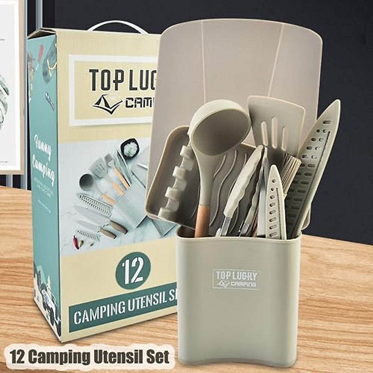 Kitchen Utensils Set-Cooking Utensils Set, 13-in-1 Kitchen Set with 8 Pieces Cooking Utensils+5 Pieces Knife Set with Block, Kitchen Utensils Non Stick and Heat Resistant Large Silicone Spatula, Khaki