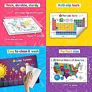 Simply Magic Discovery Set of 5 Educational Placemats for Kids - Kids Placemats Non Slip for Dining Table, Wipeable Reusable Plastic Placemats for Kids: USA, World Map, Periodic Table, Solar System
