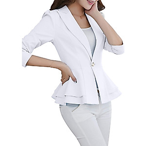FLITAY Womens Business Solid Lapel Notched Fashion Blazer Casual Ruched Blazer Coat White M